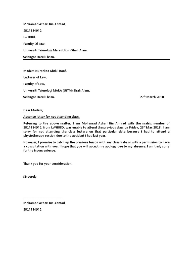 Absence Letter Sample | PDF