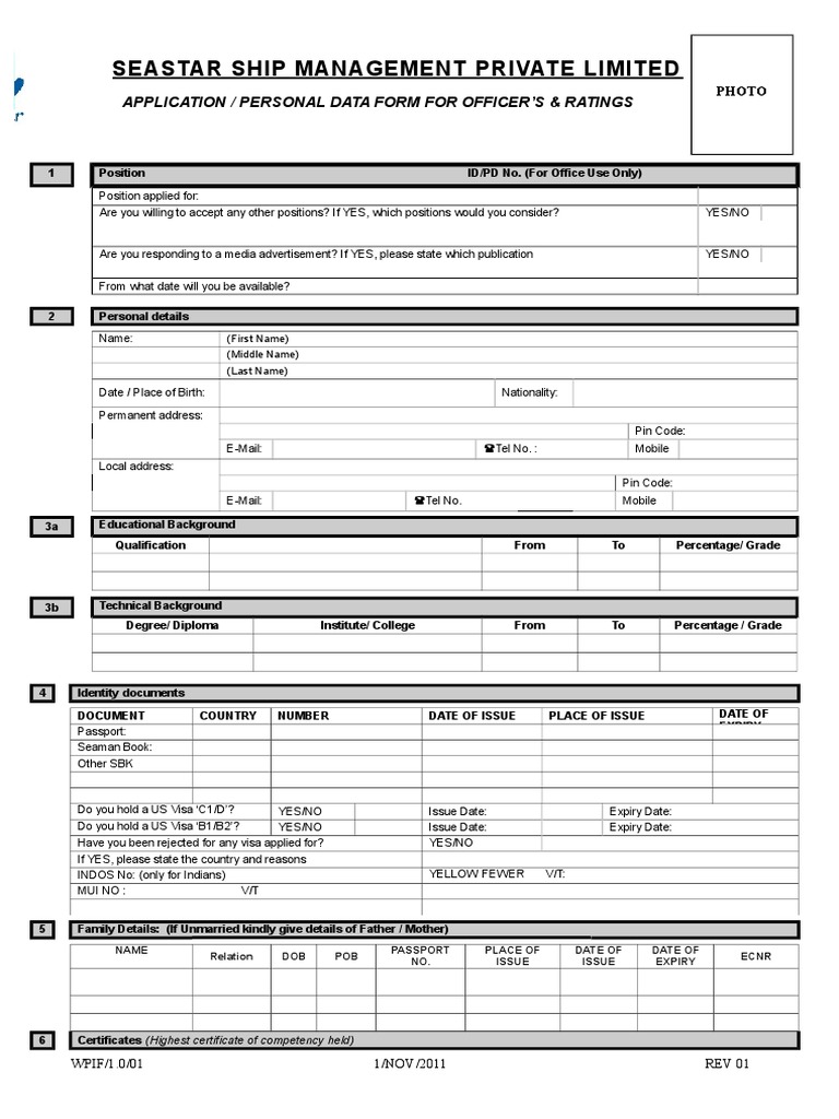 Seastar Ship Management Private Limited: Application / Personal Data ...