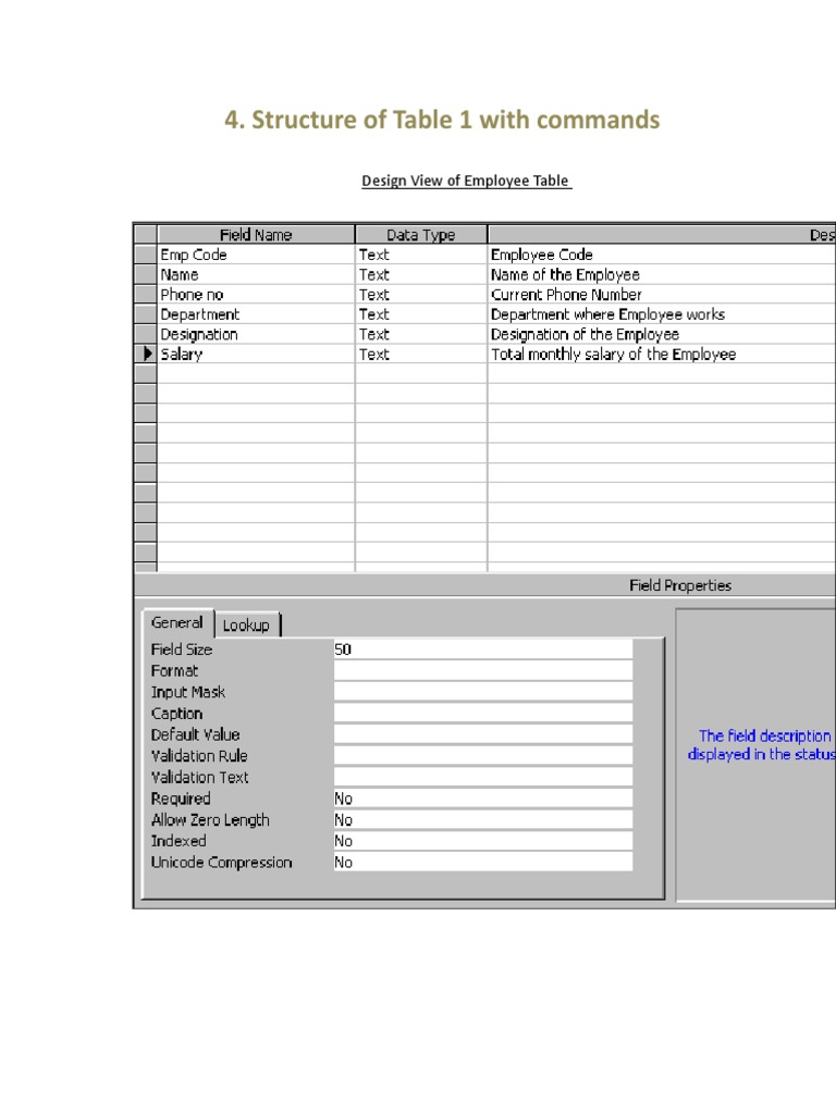 Structure of Table 1 With Commands | PDF | Dialog Box | Databases