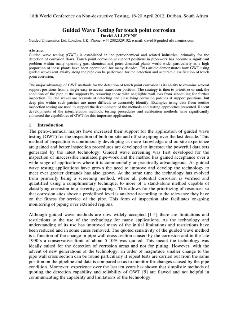 Guided Wave Testing For Touch Point Corrosion Pdf Pipe Fluid Conveyance Corrosion