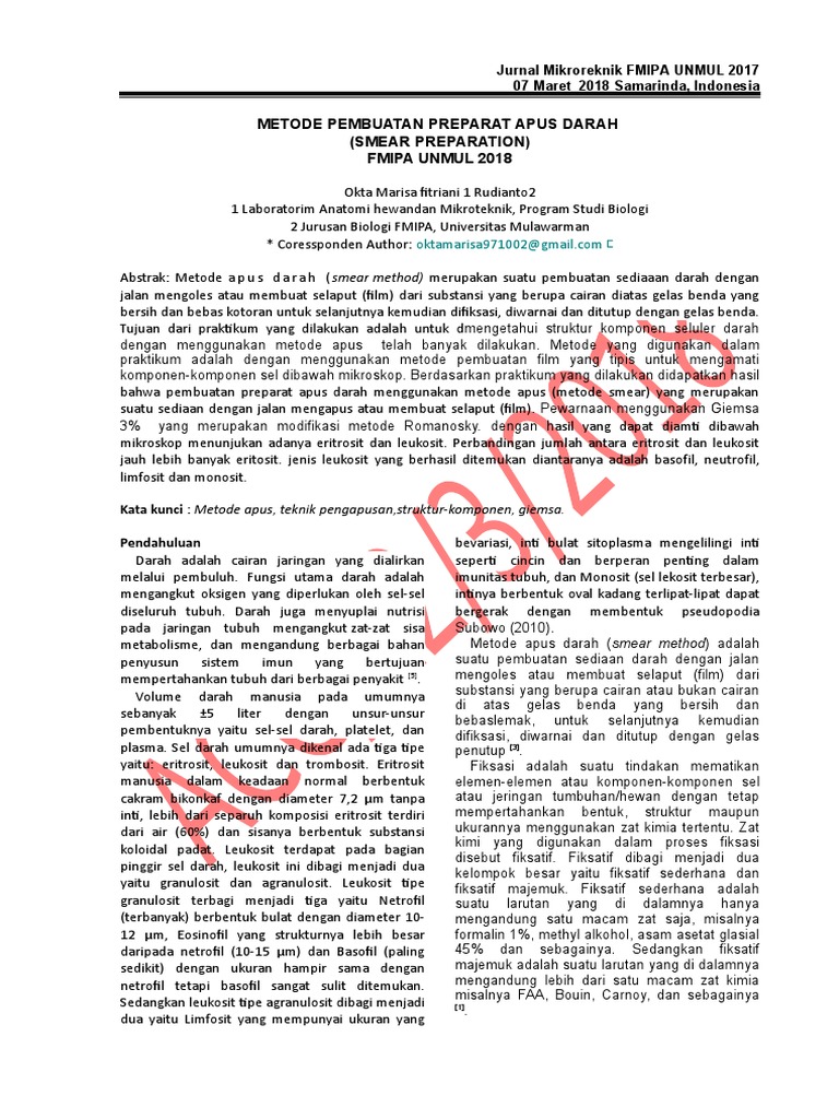 Metode Pembuatan Preparat Apus Darah Okta Acc | PDF