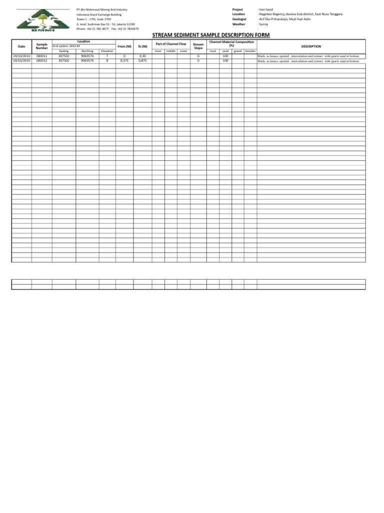 Stream Sediment Sample Description Form: Project Location Geologist ...