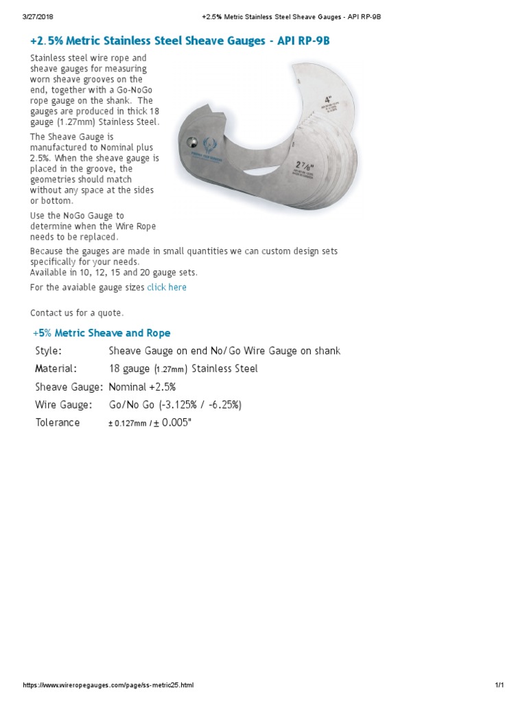 +2.5% Metric Stainless Steel Sheave Gauges - API RP-9B | PDF