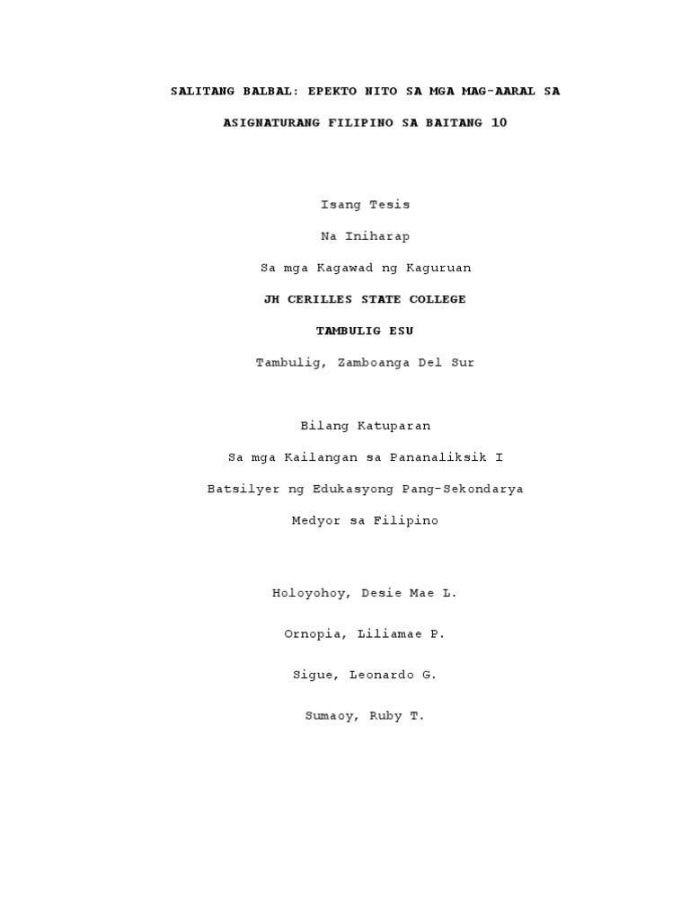 Thesis Filipino 1 | PDF
