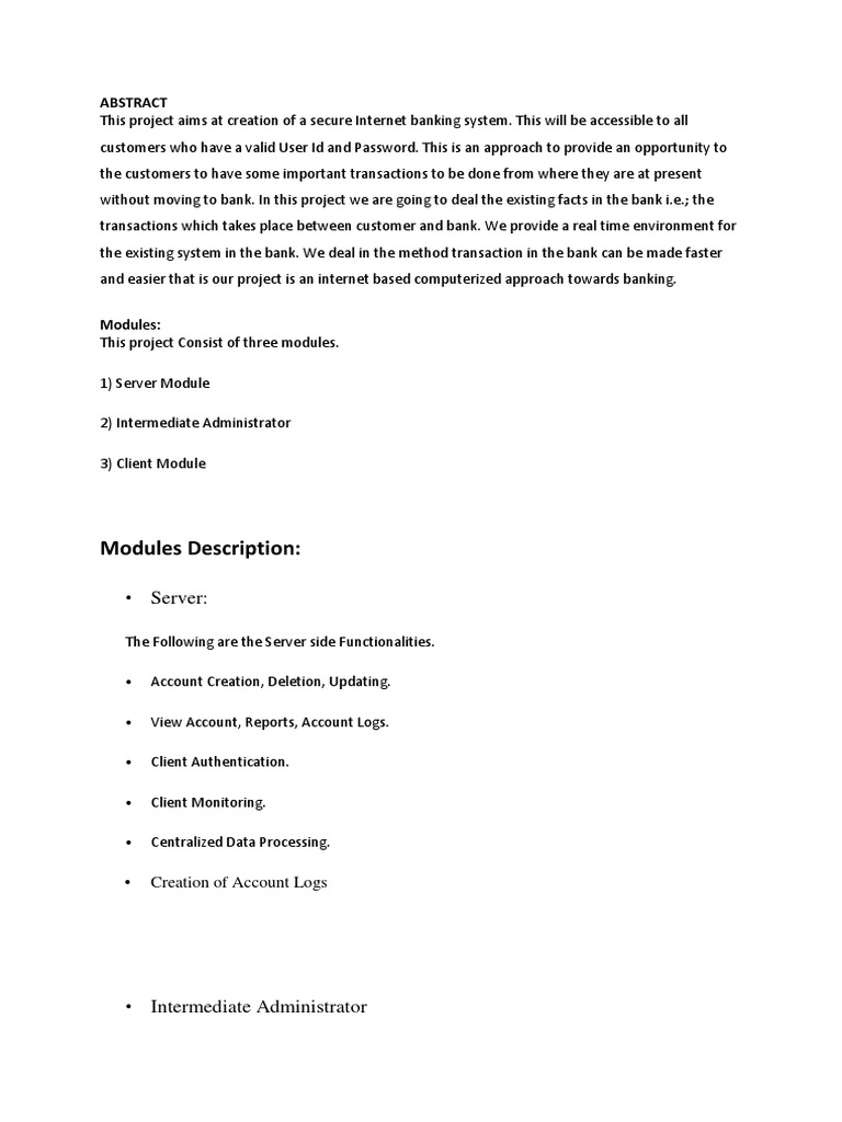 Modules Description:: - Server | PDF | Online Banking | Banks & Banking