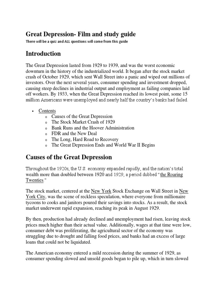 Great Depression Study Guide | PDF | Wall Street Crash Of 1929 | United ...