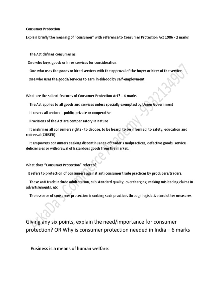 Giving Any Six Points, Explain The Need/importance For Consumer ...