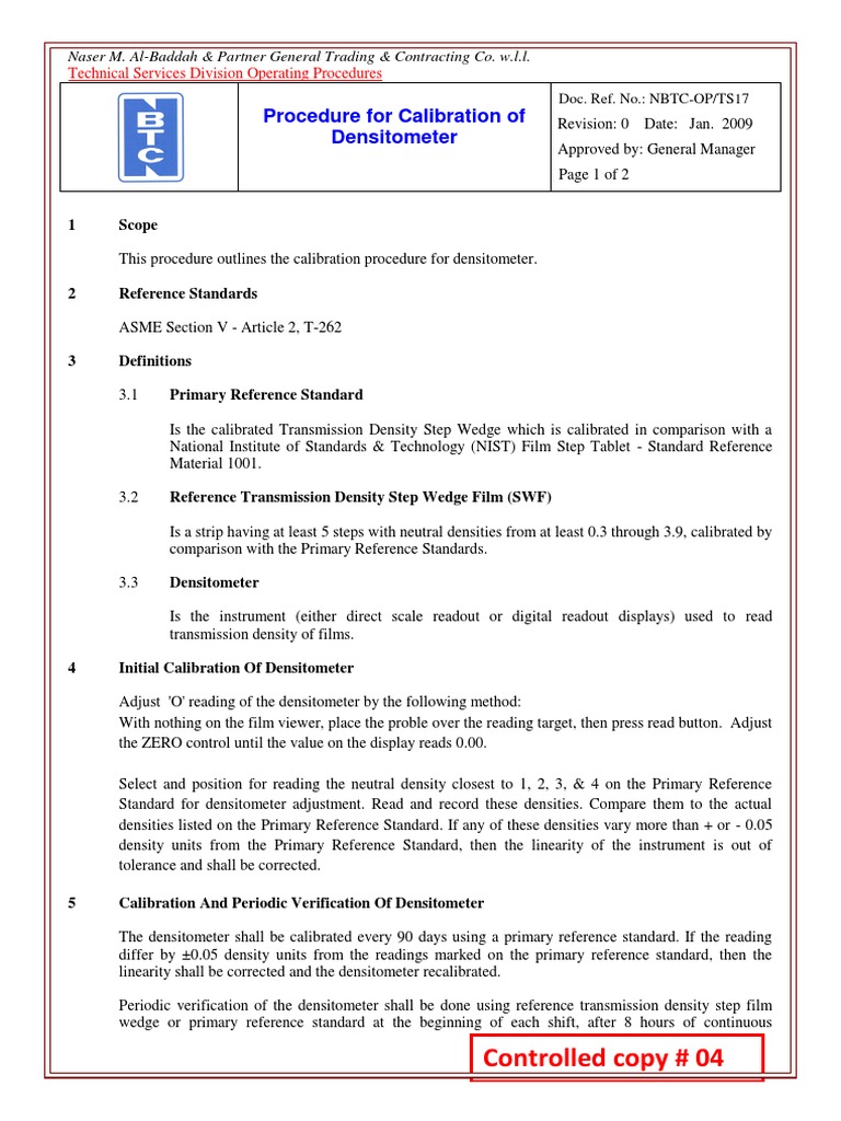Densitometer Calibration Procedure | PDF | Calibration | Scientific Observation