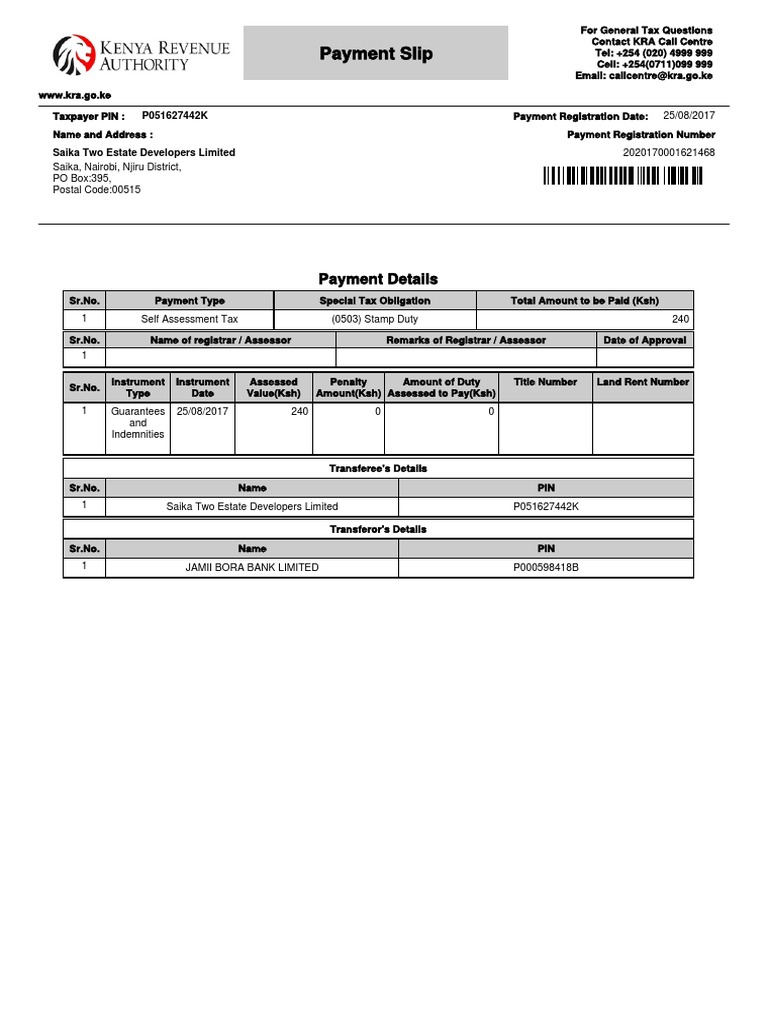 Payment Slip for Stamp Duty on Guarantees and Indemnities for Saika Two ...