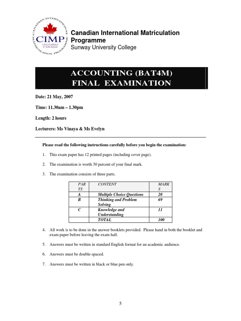 Accounting (Bat4M) Final Examination: Canadian International ...