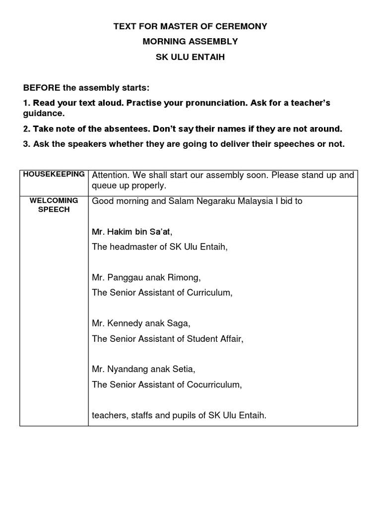 Morning Assembly MC Script | PDF | Cooking, Food & Wine