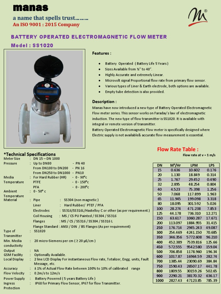 Battery Operated Electromagnetic Flow Meter - SS1020 - Manas ...