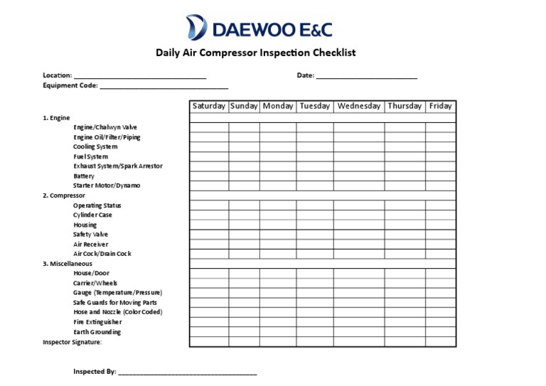 Daily Air Compressor Checklist Template | PDF