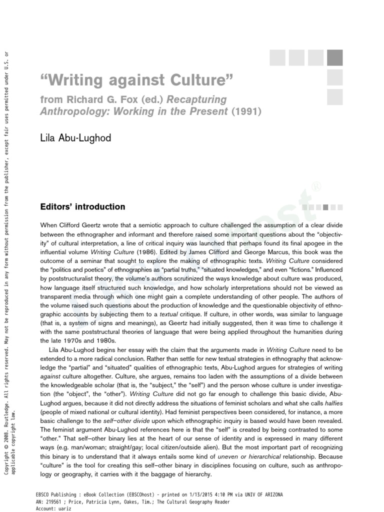 Lila Abu-Lughod – Writing Against Culture | Ethnography | Anthropology