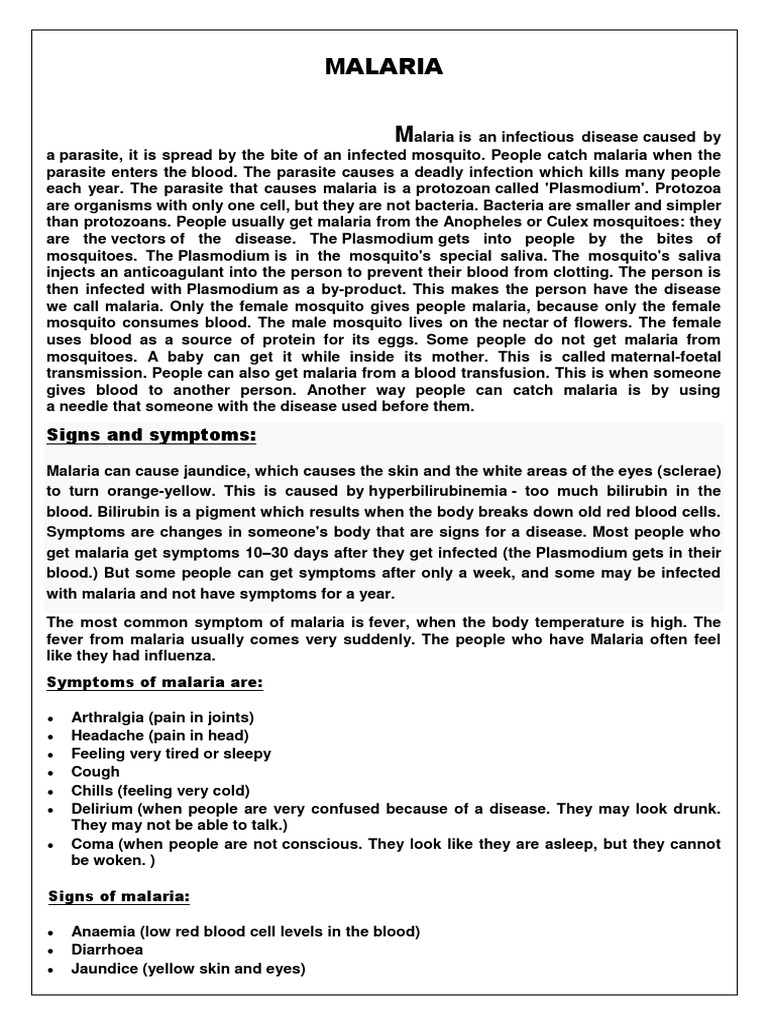Malaria: Signs and Symptoms | PDF | Diarrhea | Medical Specialties