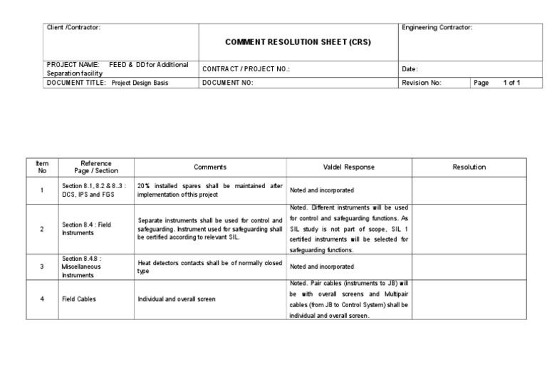 Comment Resolution Sheet (CRS) : Project Name | PDF | Computing And ...