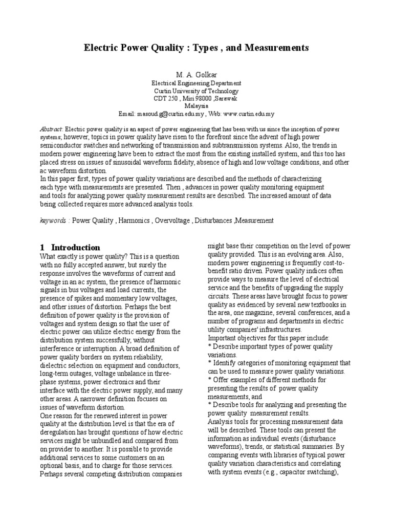 Electric Power Quality: Types, and Measurements: M. A. Golkar | PDF ...