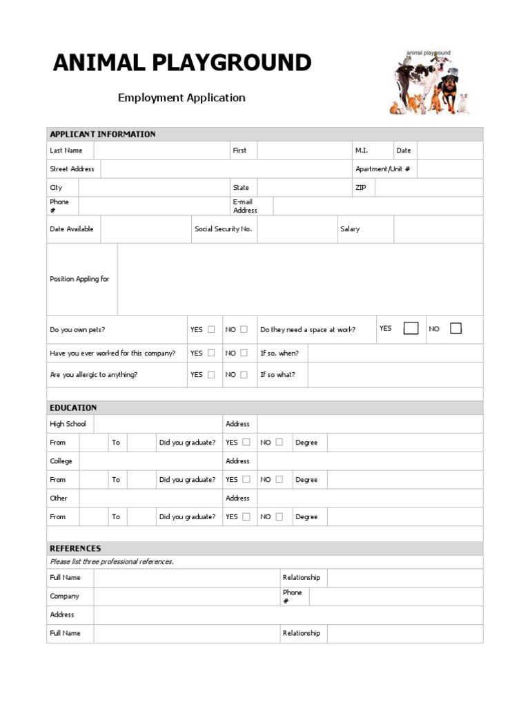 Animal Playground Employment Application | PDF | Military Discharge ...