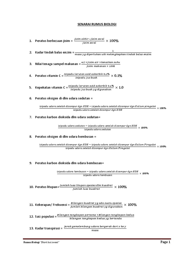 Senarai Rumus Biologi Penting | PDF