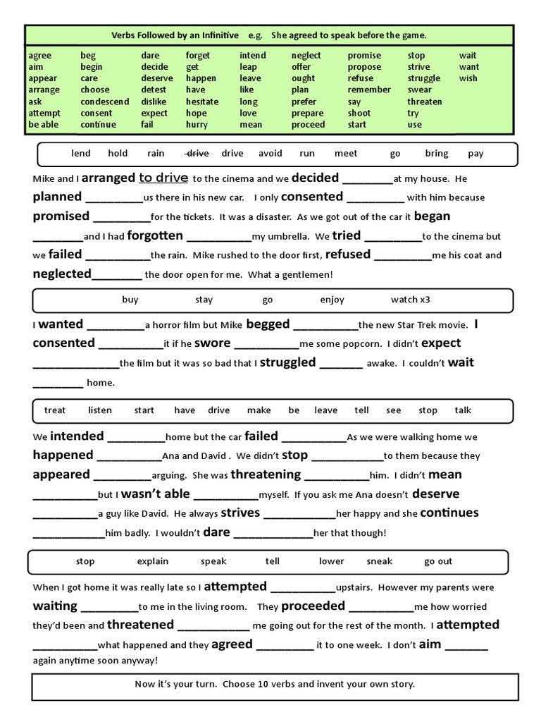 Fill The Gaps Verbs Followed by An Infinitive Grammar | Download Free ...