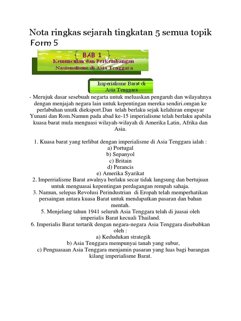Nota Ringkas Sejarah Tingkatan 5 Semua Topik | PDF