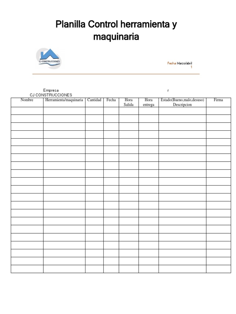 Planilla Control Herramienta y Maquinaria | PDF