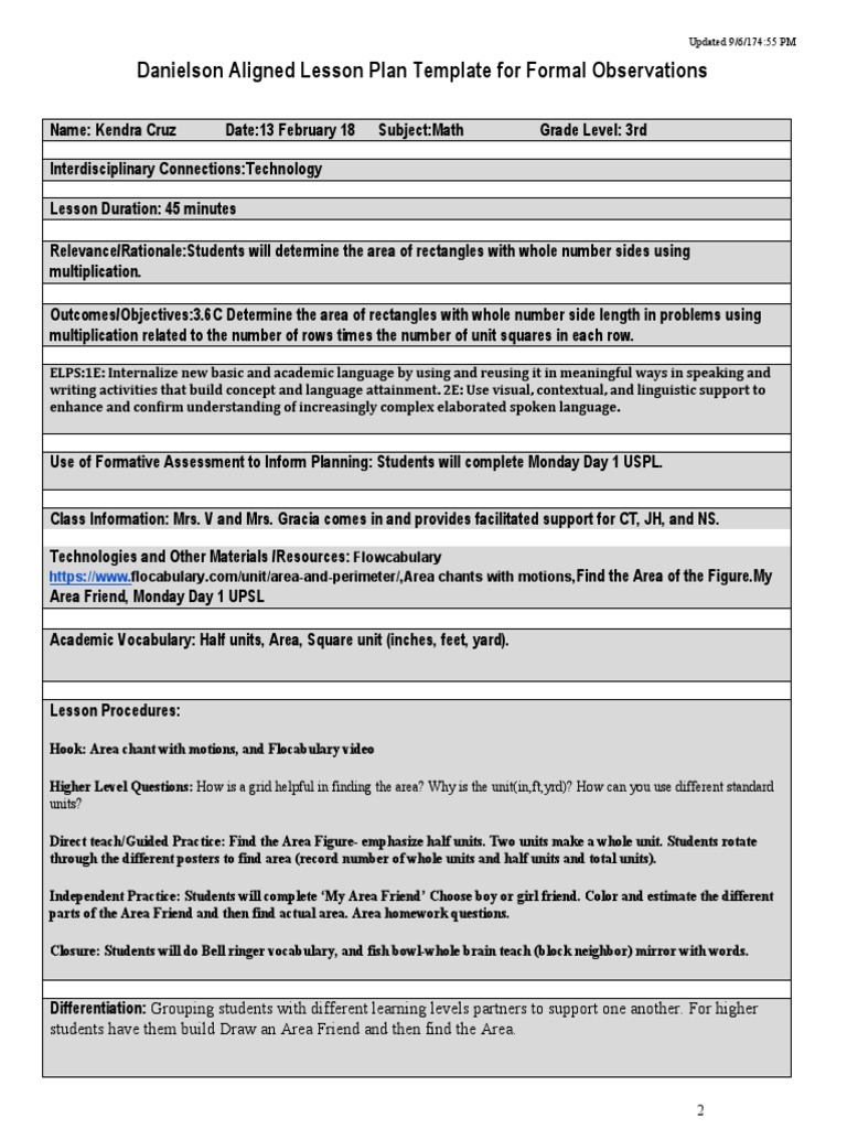 Danielson Aligned Lesson Plan Template For Formal Observations | PDF ...