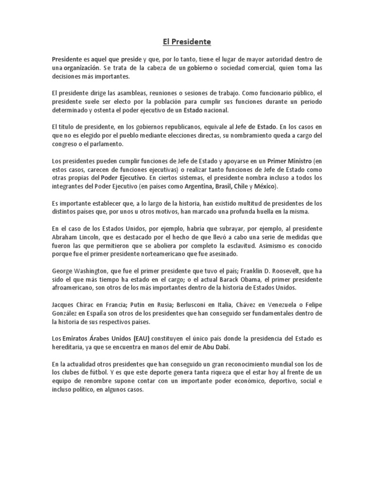 El Presidente | PDF | Alcalde | Presidentes de los Estados Unidos
