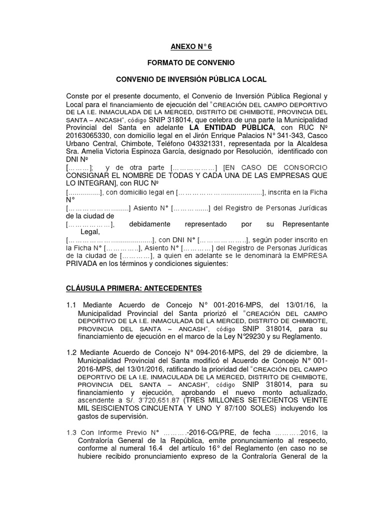 Anexo N 6 Formato de Convenio Convenio de Inversión Pública Local | PDF | Arbitraje | Empresa de ...