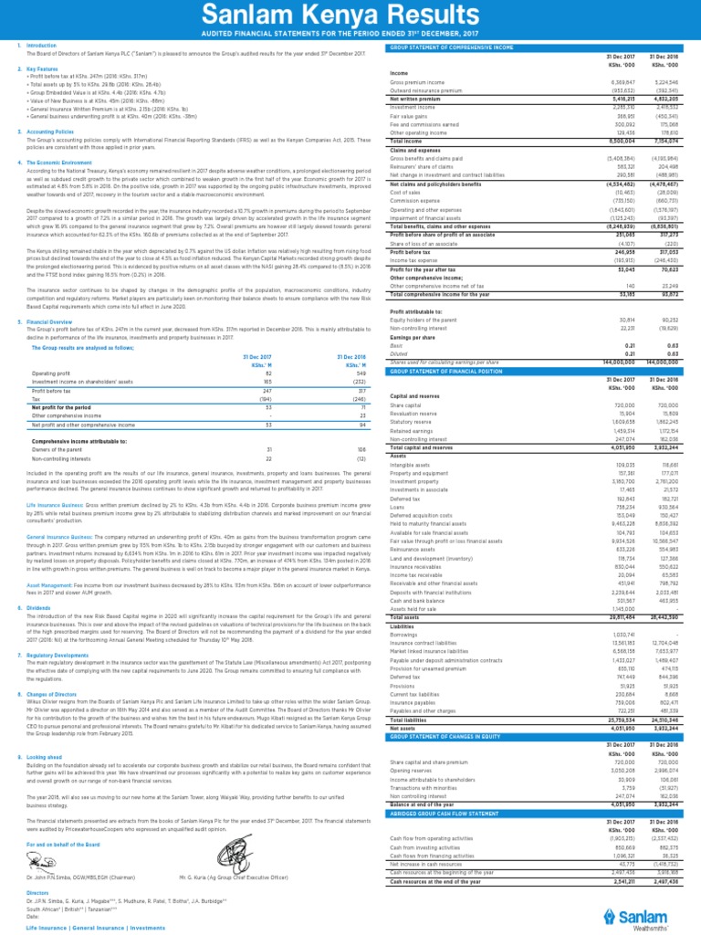 Sanlam Kenya Plc. - Audited Financial Statements For The Period Ended 31st Dec 2017 | PDF ...