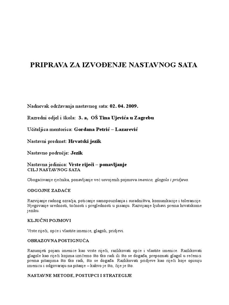 Priprema Za Izvodjenje Nastavnog Sata | PDF