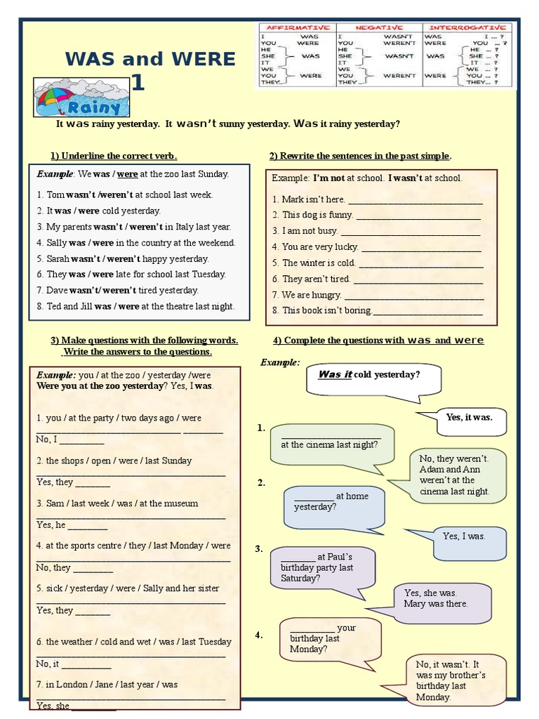 Was and Were 1 Exercises Grammar Drills Grammar Guides 86858 | PDF ...