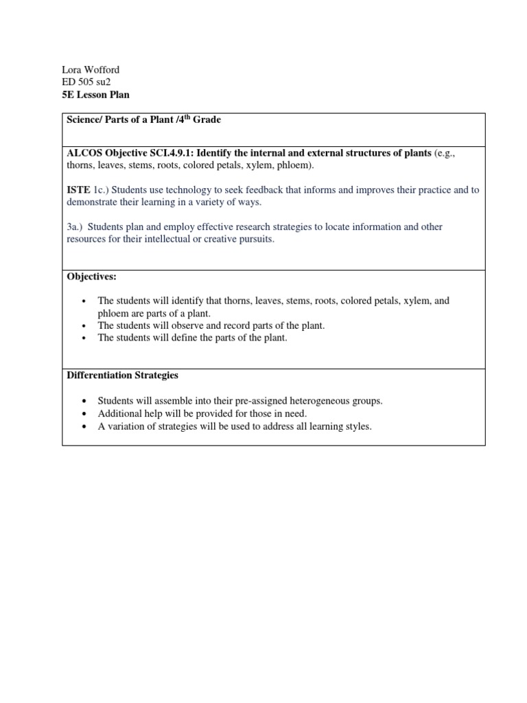 5E Lesson Plan Science/ Parts of A Plant /4 Grade | PDF | Educational ...