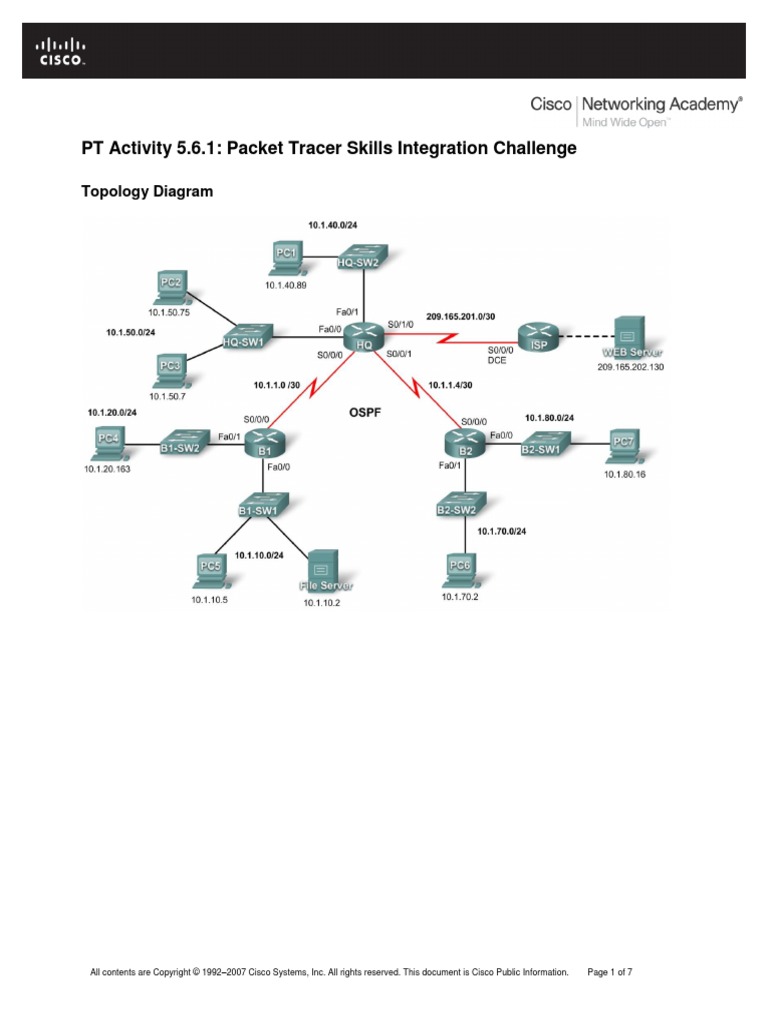 PT Activity 5.6.1: Packet Tracer Skills Integration Challenge | PDF | Router (Computing) | File ...