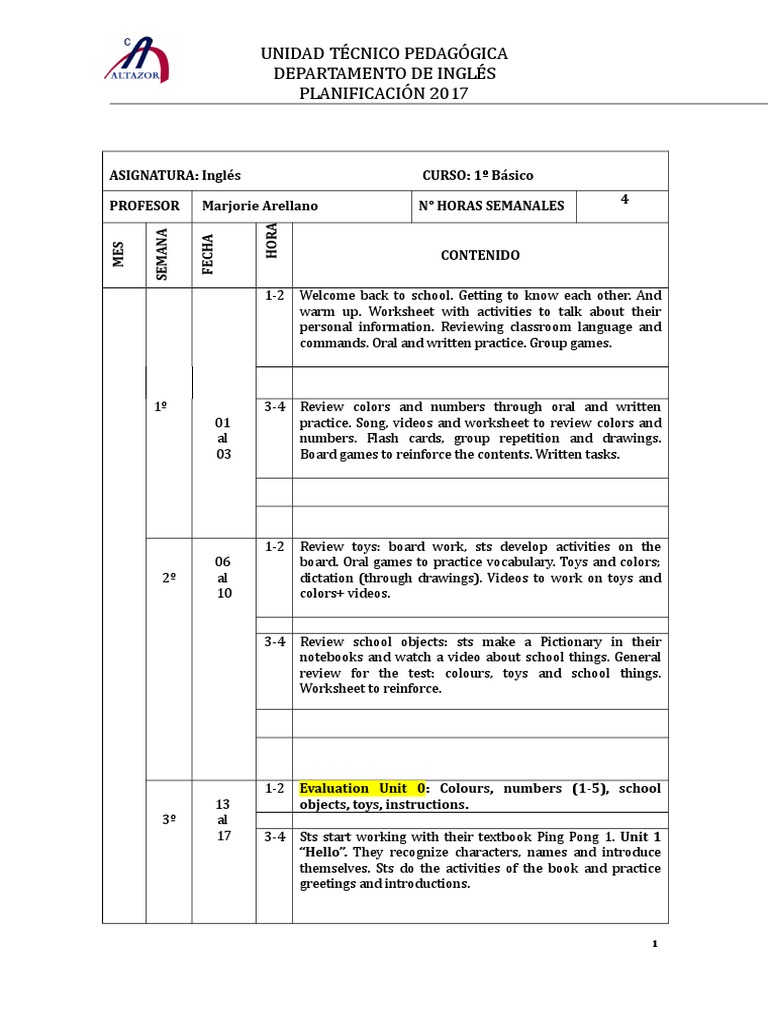 Planificación 1º Inglés, 2017 | PDF | Vocabulary | Semiotics