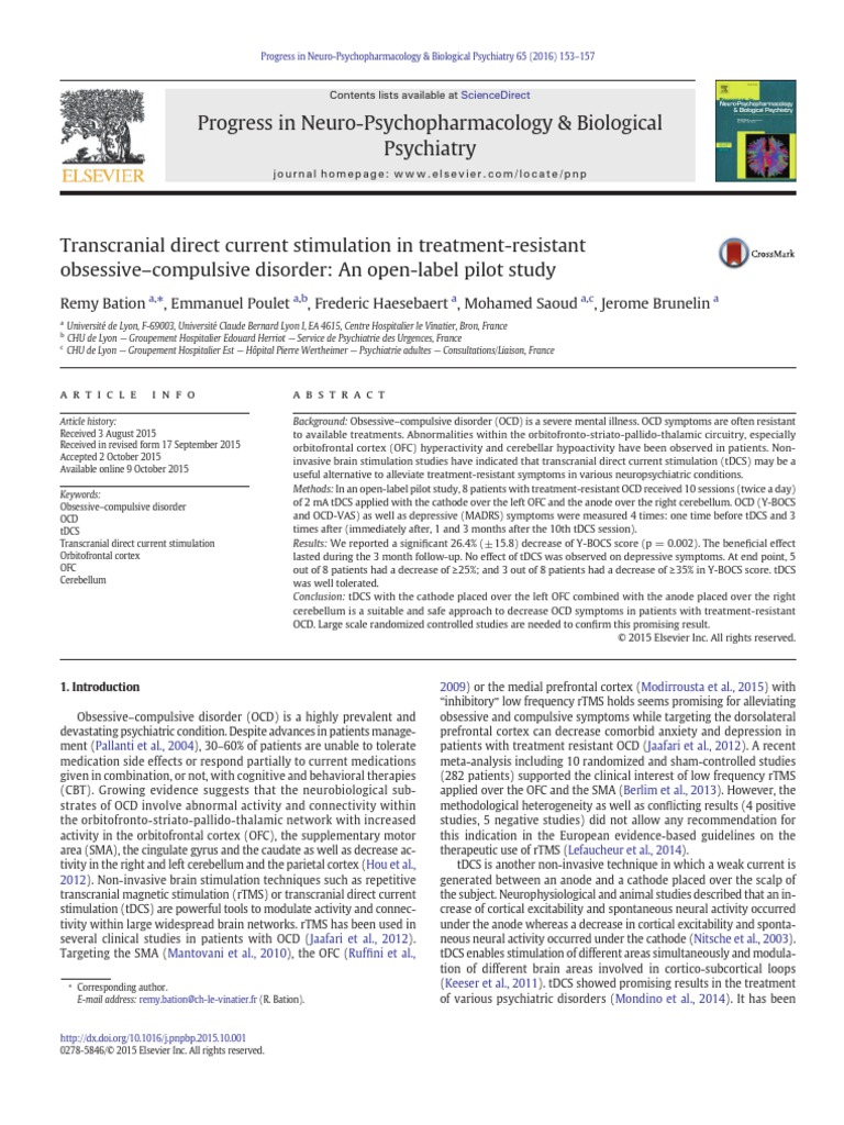 Bation 2016 Transcranial Direct Current Stimulation in Treatment Resistant OCD | PDF | Obsessive ...