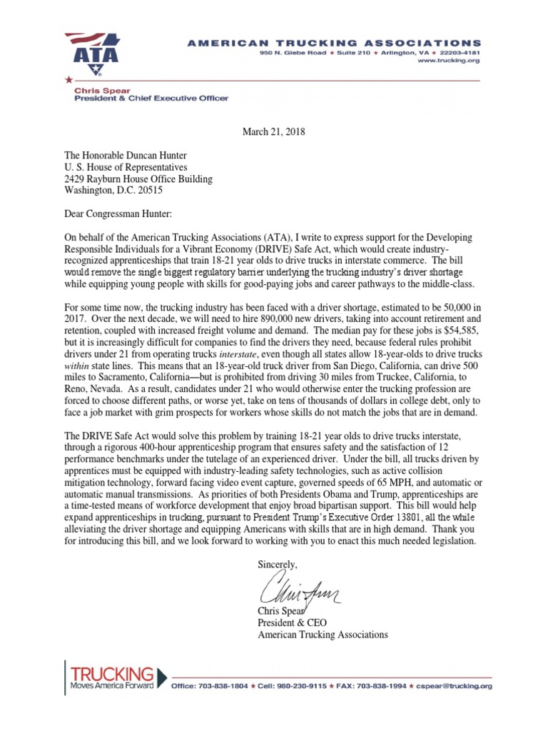 ATA Support Letter (DRIVE Safe Act) | PDF | Apprenticeship | The United ...