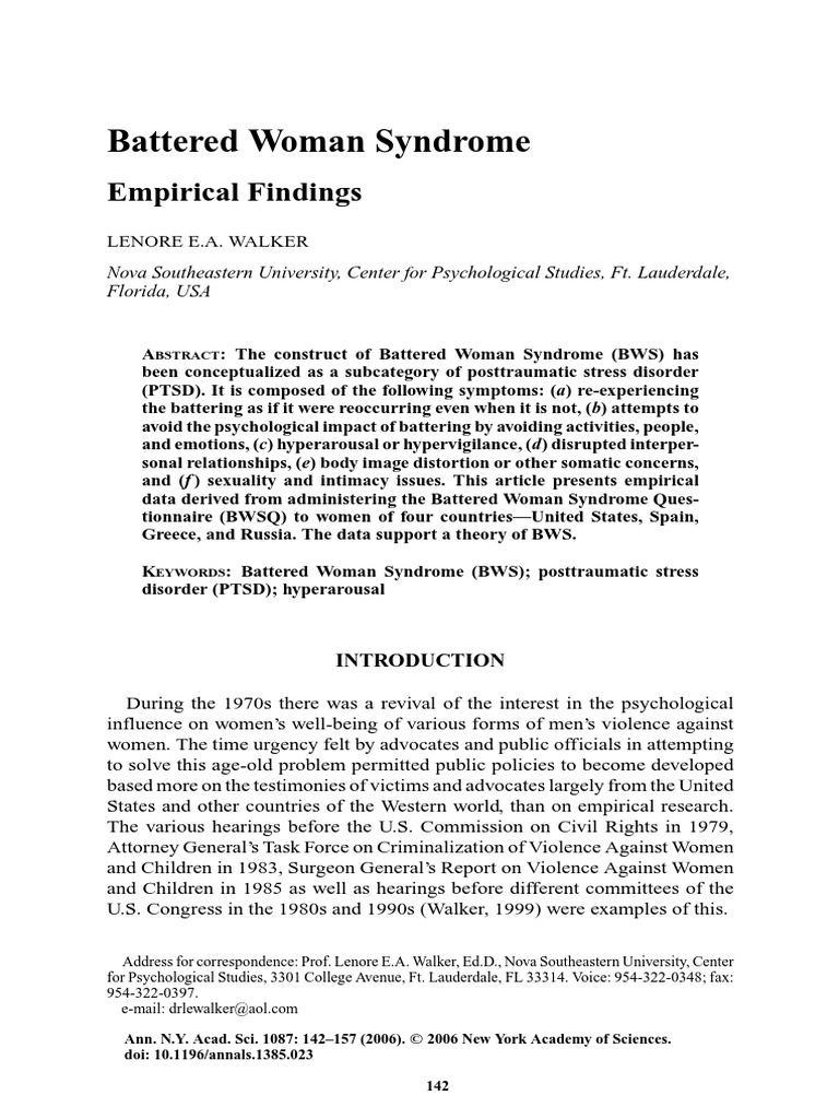 Battered Woman Syndrome (Empirical Findings) Lenore Walker | PDF ...
