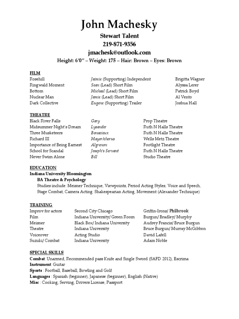 John Machesky Acting Resume | PDF | Theatre | Entertainment (General)
