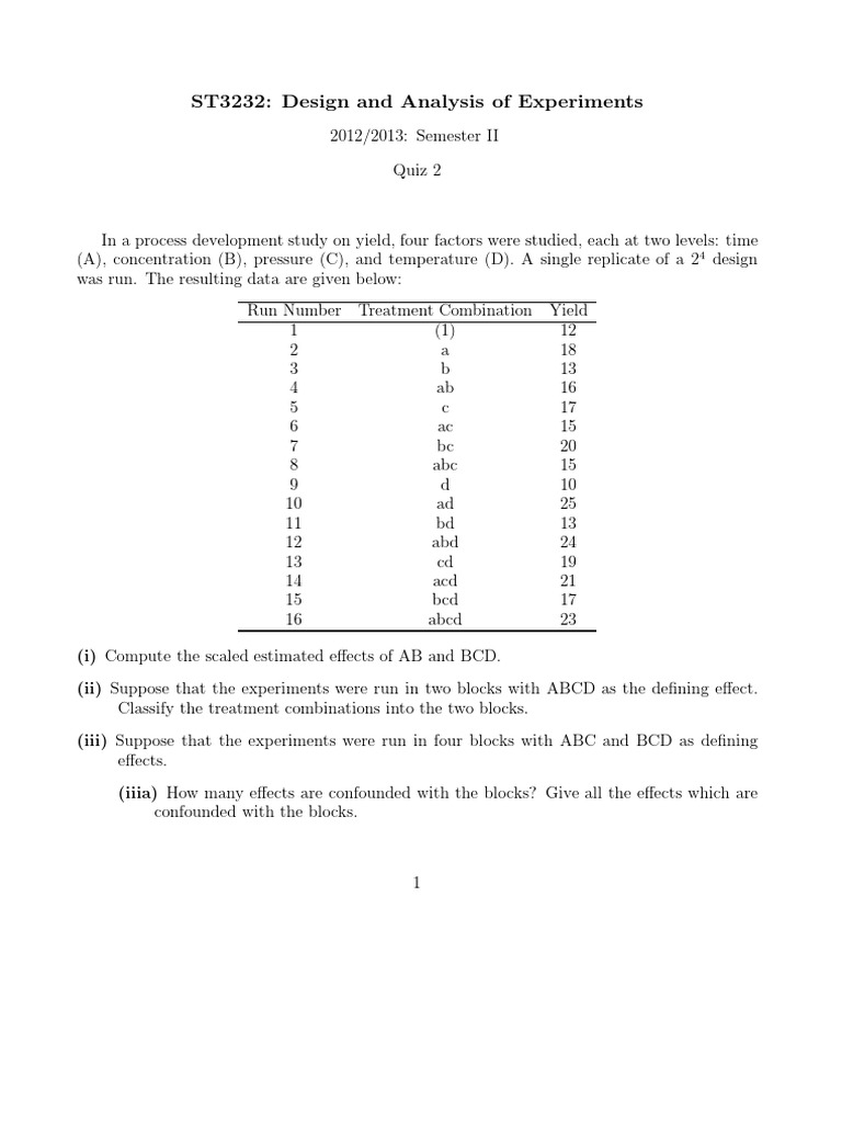 ST3232: Design and Analysis of Experiments | PDF | Errors And Residuals | Analysis Of Variance