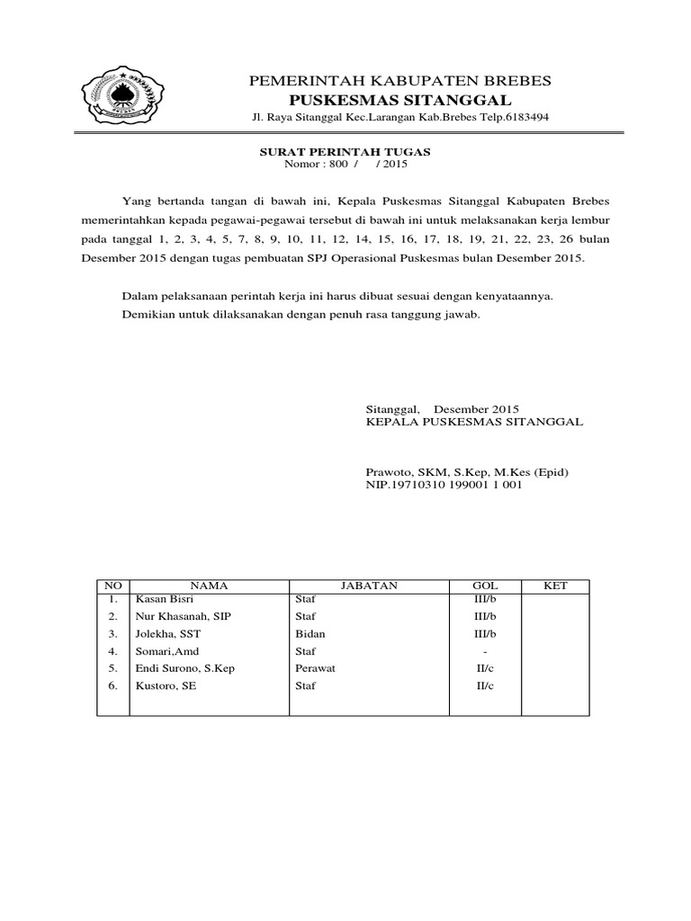 Tugas Lembur untuk Pembuatan SPJ Operasional Puskesmas Bulan Desember | PDF