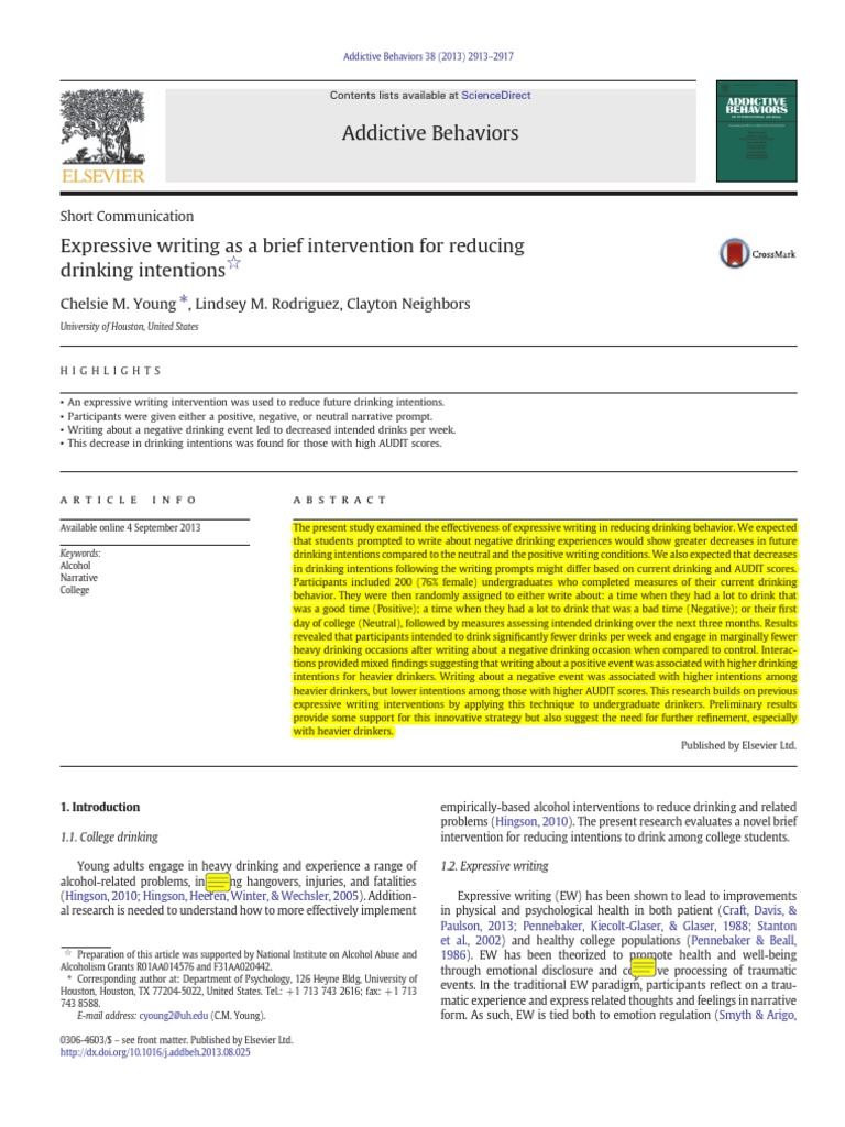 Expressive Writing As A Brief Intervention For Reducing Drinking ...
