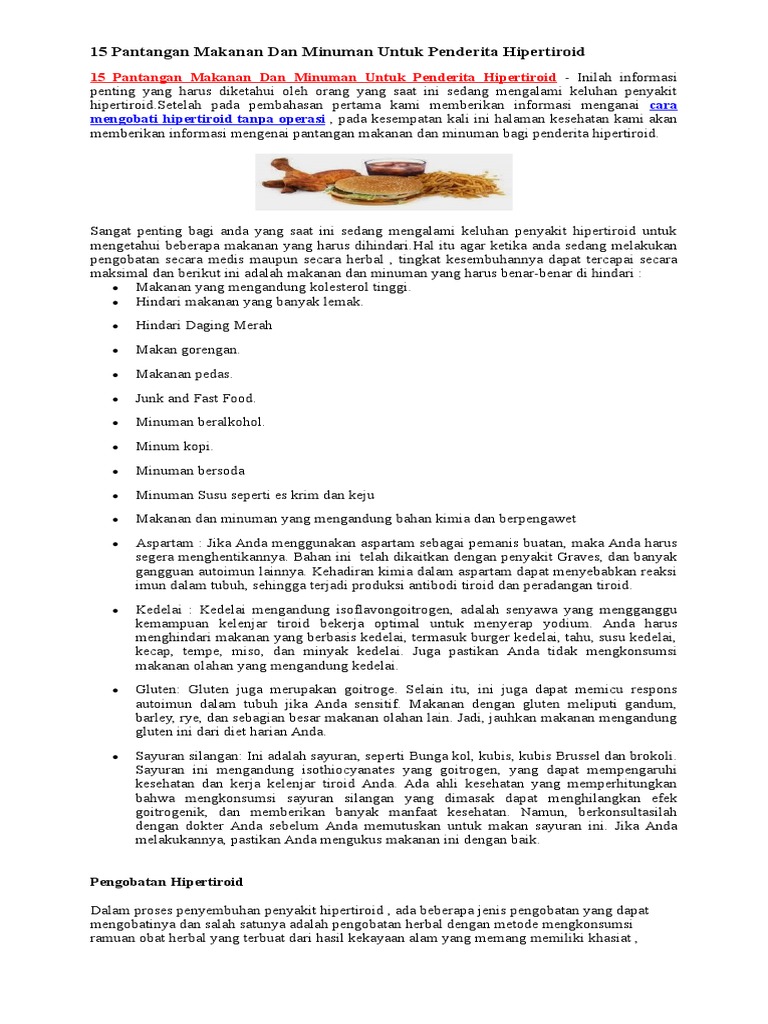 15 Pantangan Makanan Dan Minuman Untuk Penderita Hipertiroid | PDF