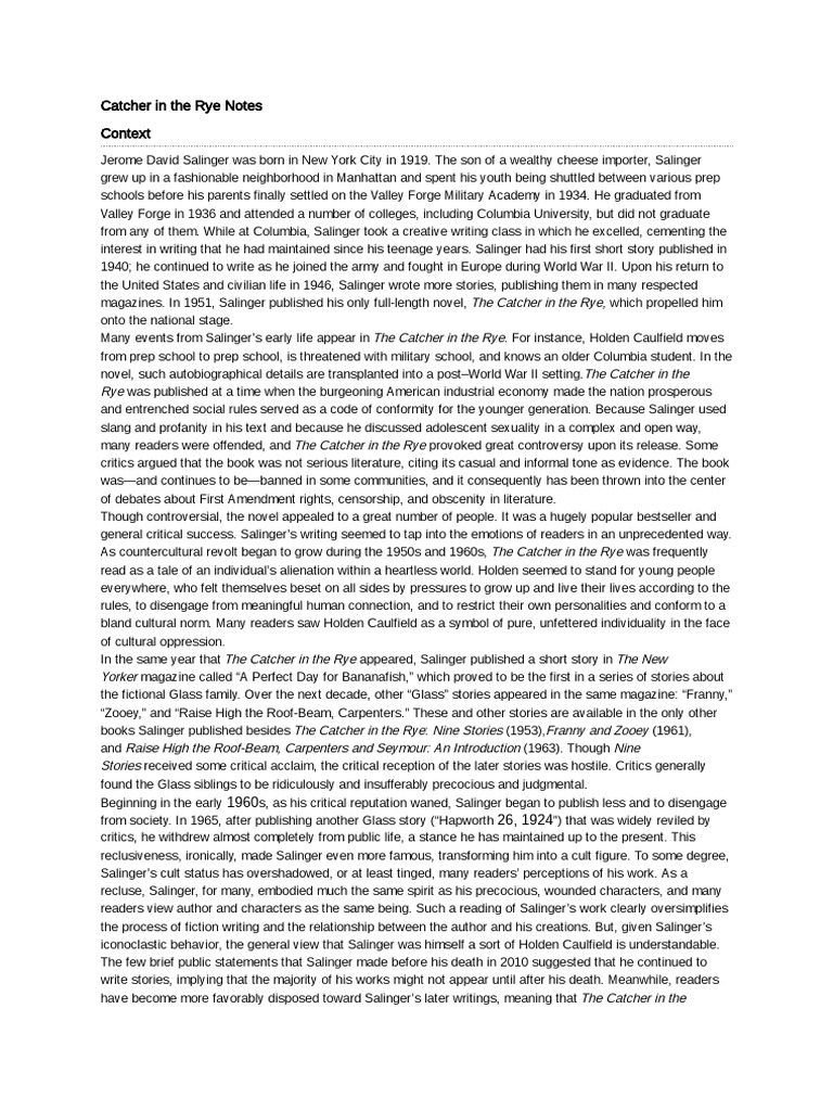 Catcher in The Rye Notes (1) .Docx - 1521010892473 | PDF | J. D ...