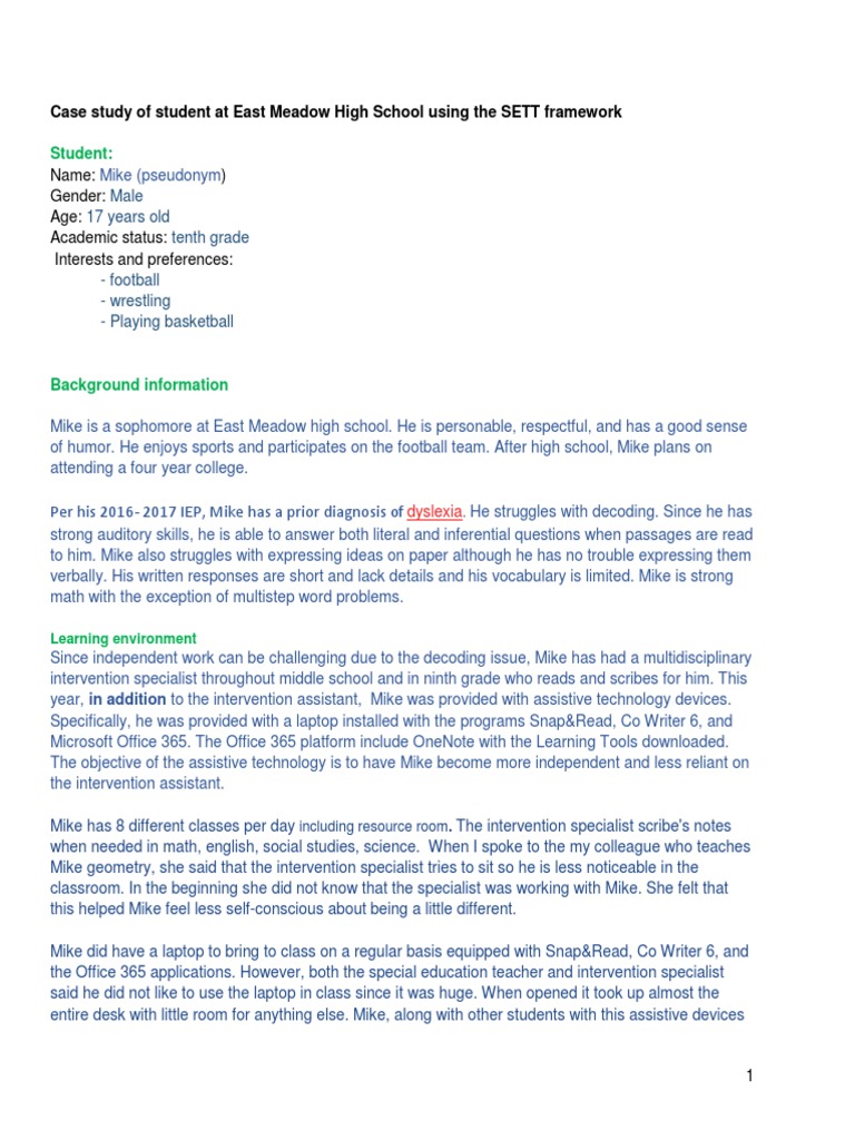 Case Study of Student at East Meadow High School Using The Sett ...