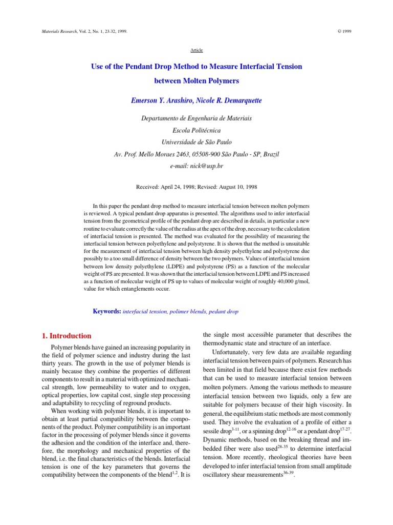 Use of The Pendant Drop Method To Measure Interfacial Tension Between ...