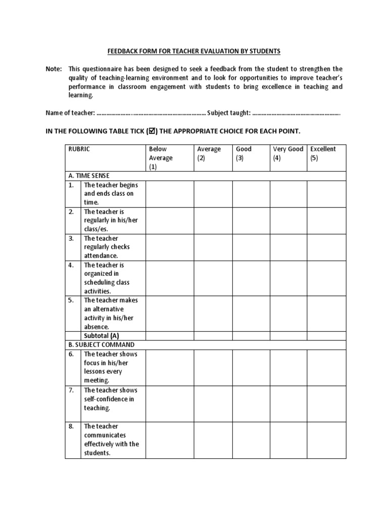Feedback Form For Teacher Evaluation by Students | PDF | Teachers ...
