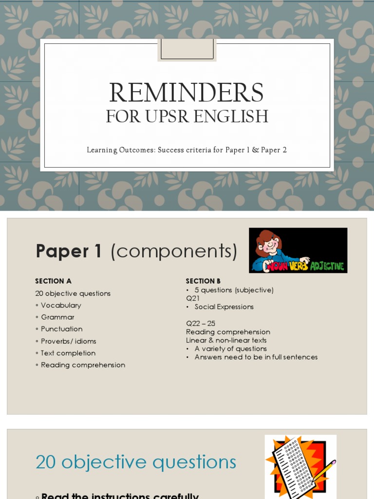 Reminders For UPSR English - P1 & P2 As at 9.3.18 | PDF | Reading ...