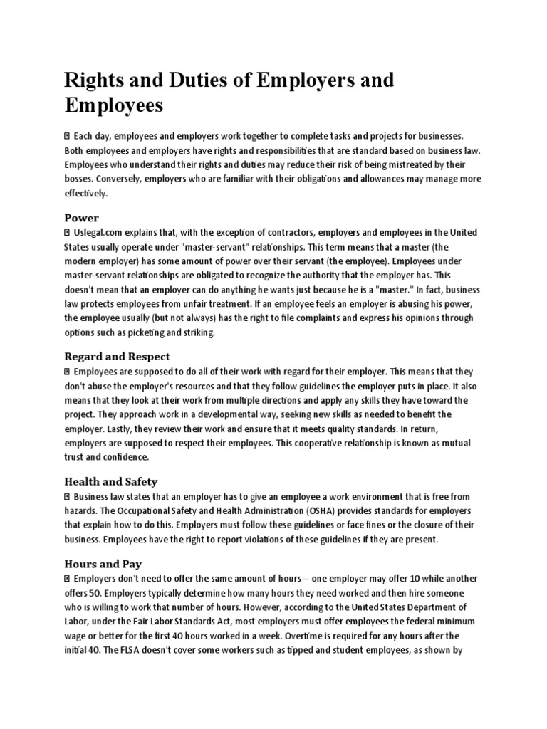 Rights and Duties of Employers and Employees | PDF | Employment ...