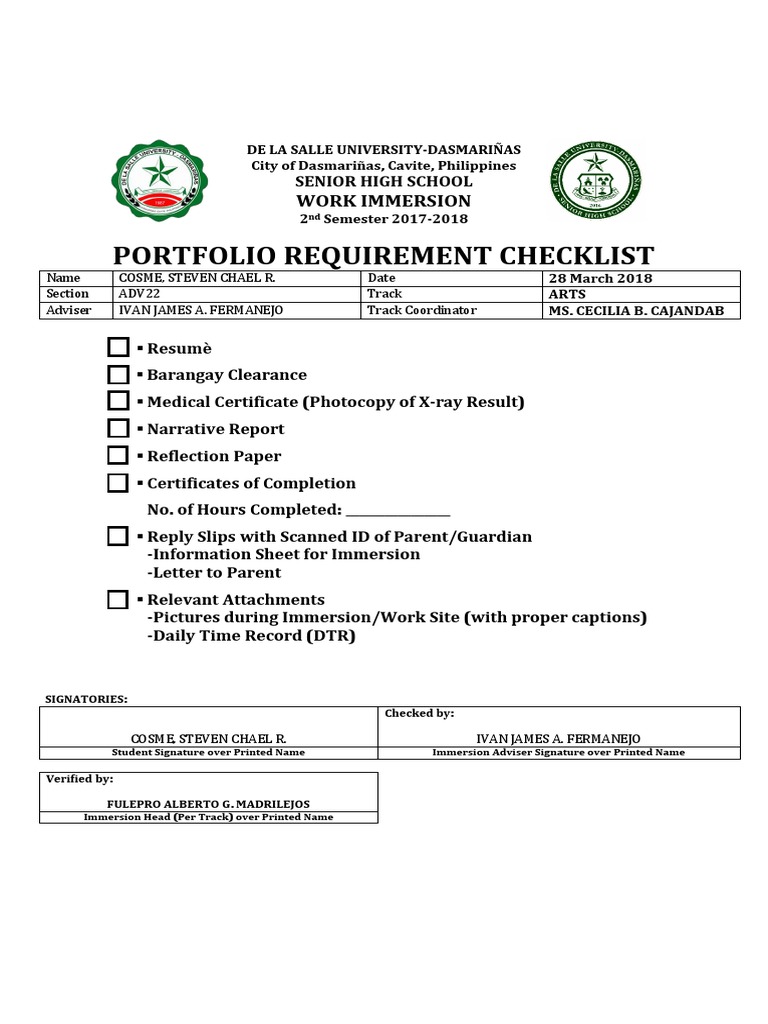 Portfolio Requirement Checklist: Work Immersion | PDF